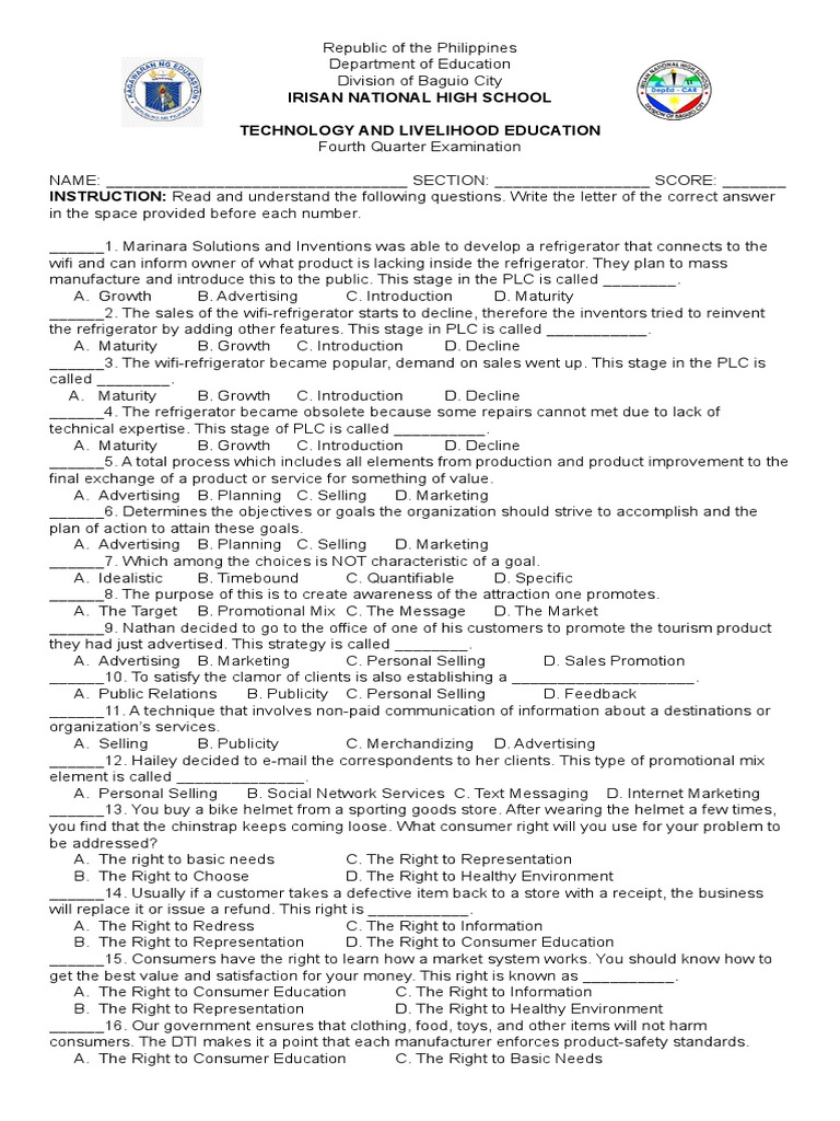 4th Quarter Examination | PDF | Marketing | Tourism