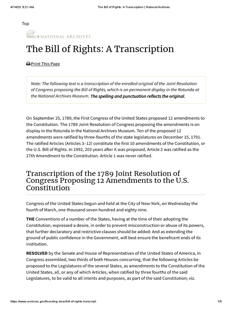 The Bill of Rights_ A Transcription _ National Archives | PDF