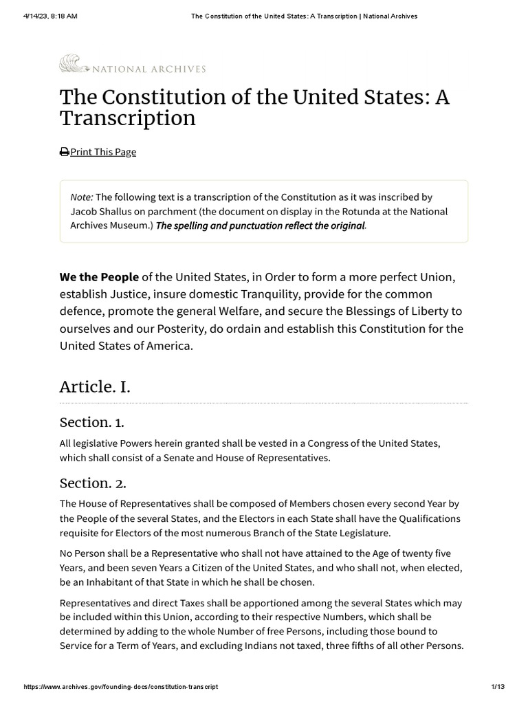 The Constitution of The United States - A Transcription - National ...