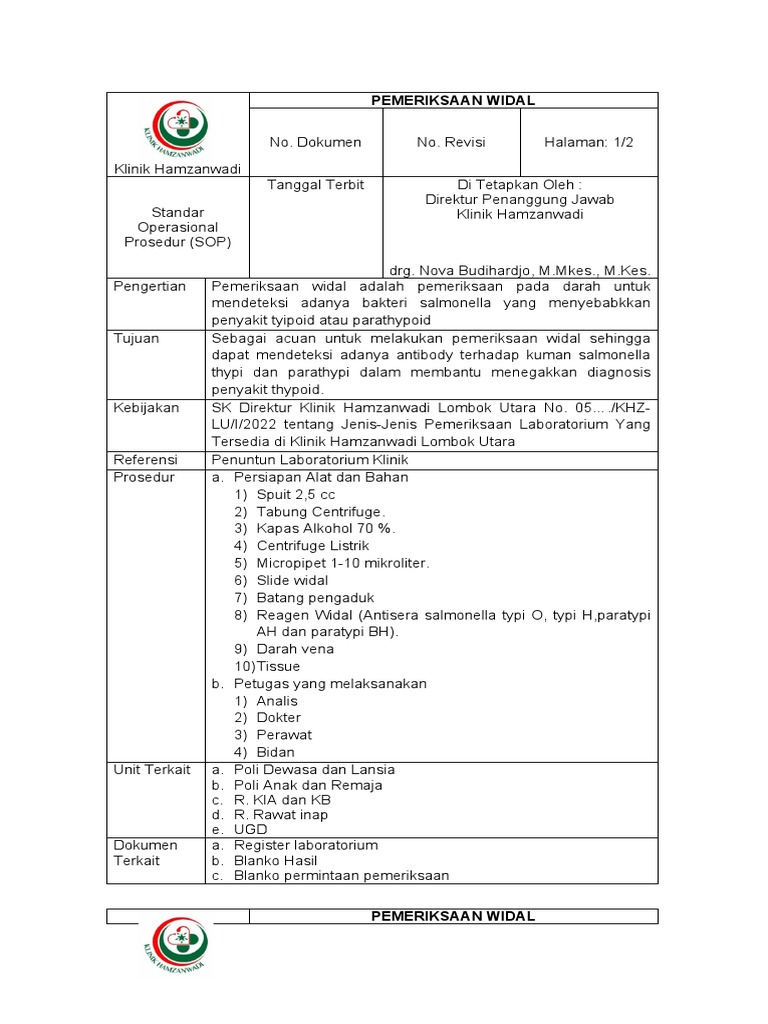 Sop Pemeriksaan Widal | PDF