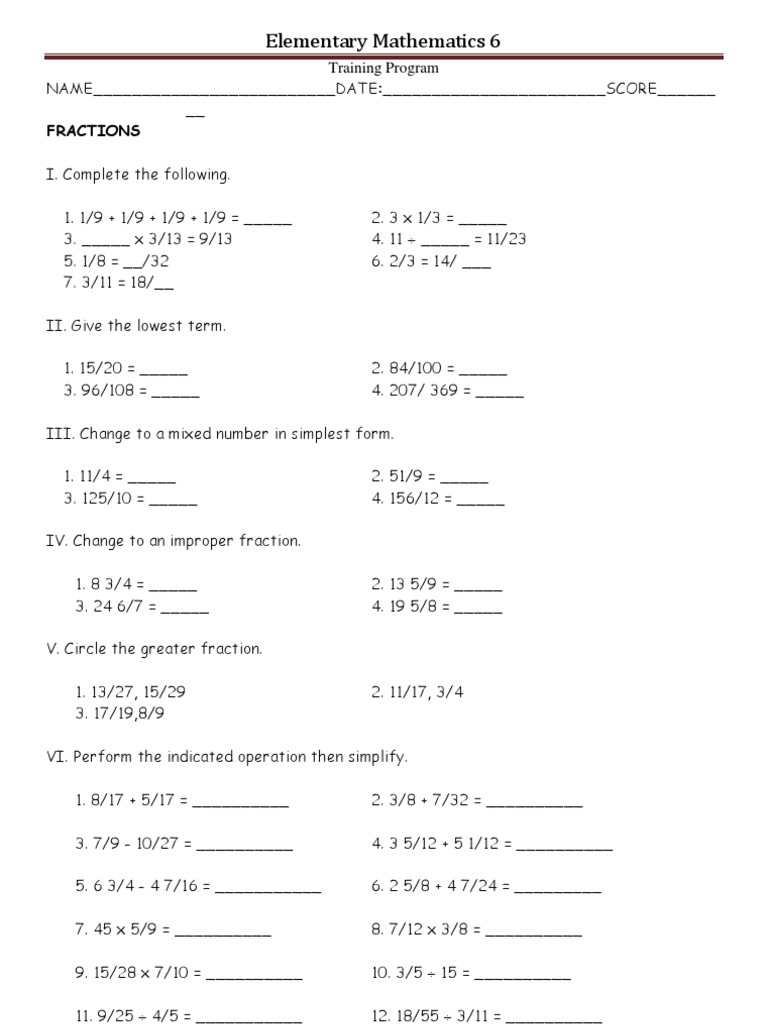 Grade 6 Fraction Problem Set | PDF | Fraction (Mathematics) | Teaching ...