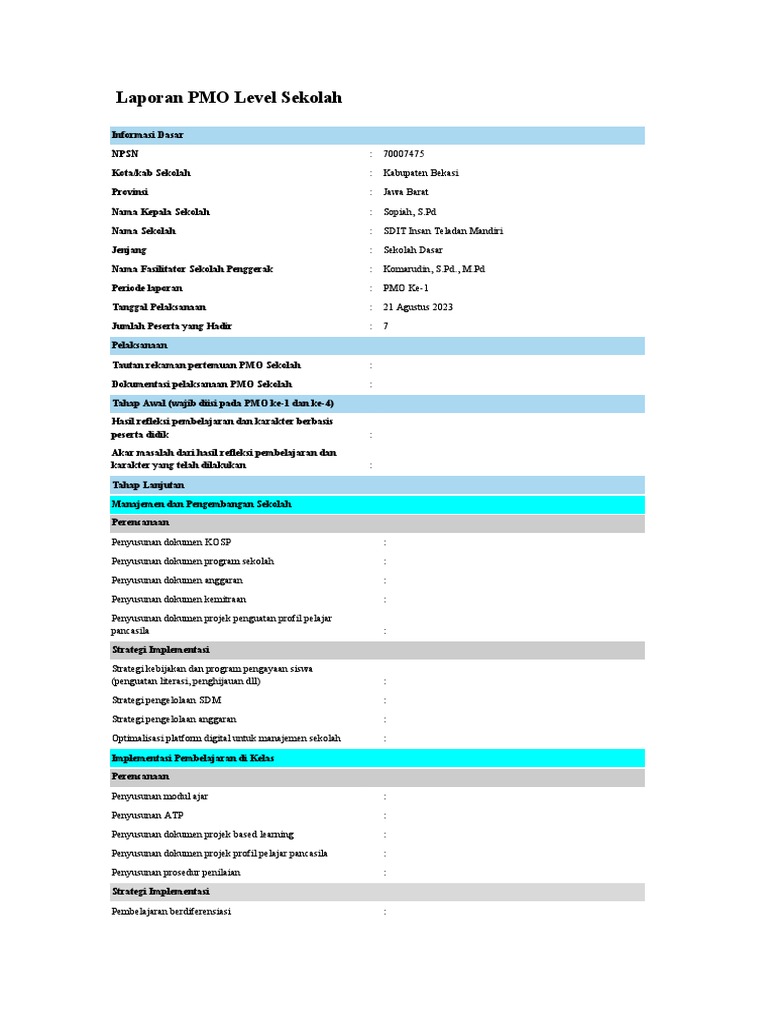 Laporan PMO Level Sekolah SDIT ITM | PDF