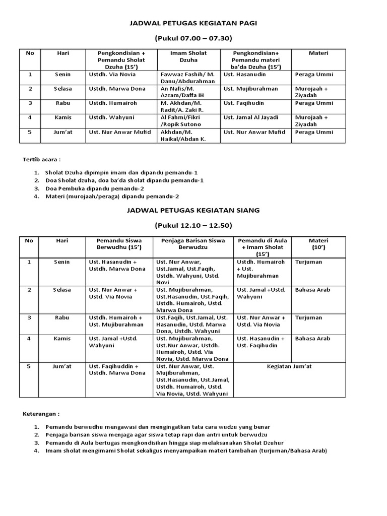 Jadwal Petugas Kegiatan Pagi Dan Siang | PDF