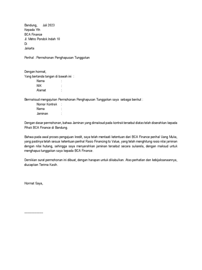 Contoh Surat Permohonan Penghapusan Hutang BCA Finance 2023 | PDF