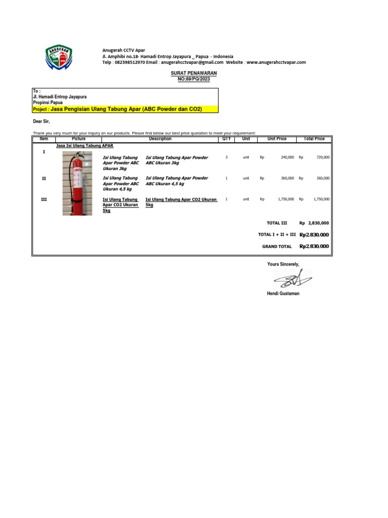 Surat Penawaran Isi Ulang Tabung Apar | PDF