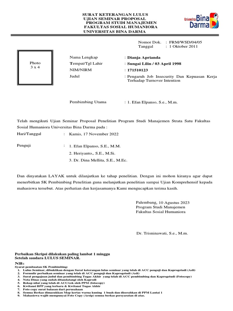 Surat Lulus Seminar Proposal Bina Darma | PDF