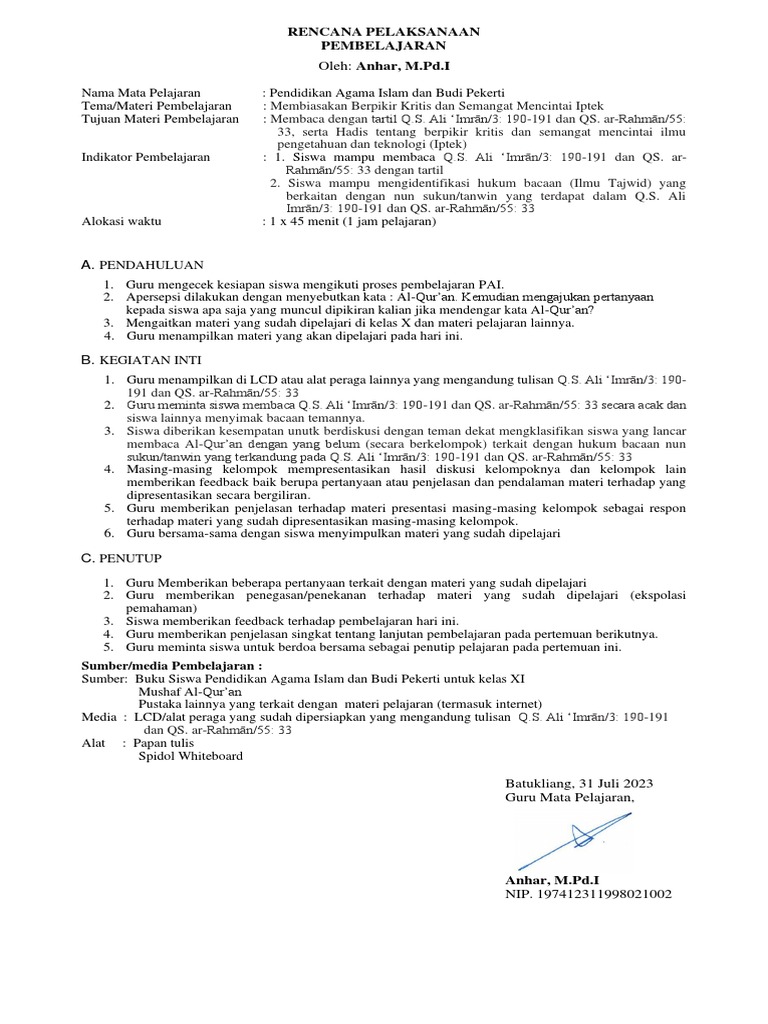 RPP - PAI Kelas XI - CGP - 10 - REGULER | PDF