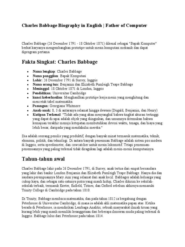 Biografi Charles Babbage: Bapak Komputer | PDF | Seni | Sejarah