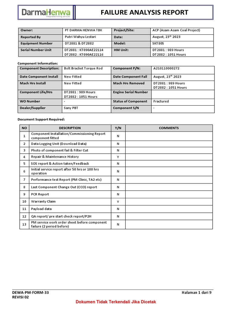 Failure Analysis Report SKT80S - Bolt Bracket Torque Rod Broken | PDF