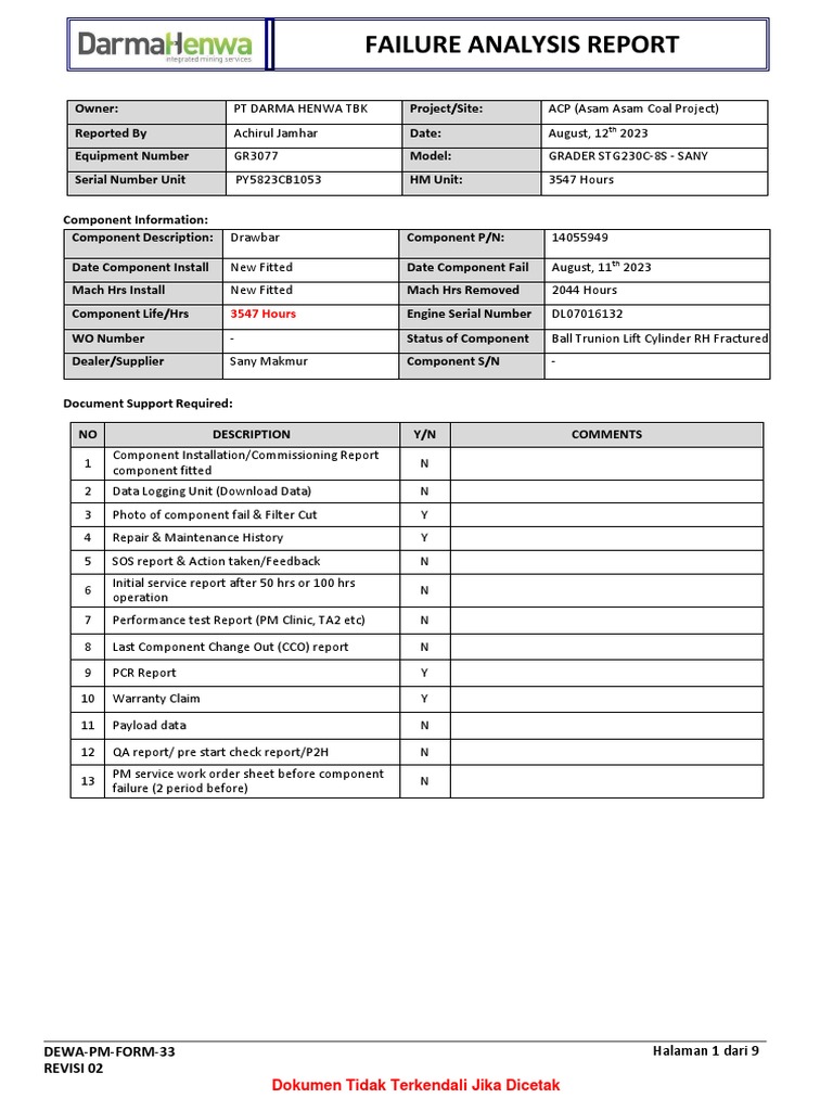 Failure Analysis Report GR3077 - Ball Trunnion Lift Cylinder RH ...