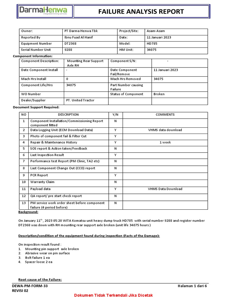 Failure Analysis Report RH Rear Support Axle Broken DT2368 | PDF