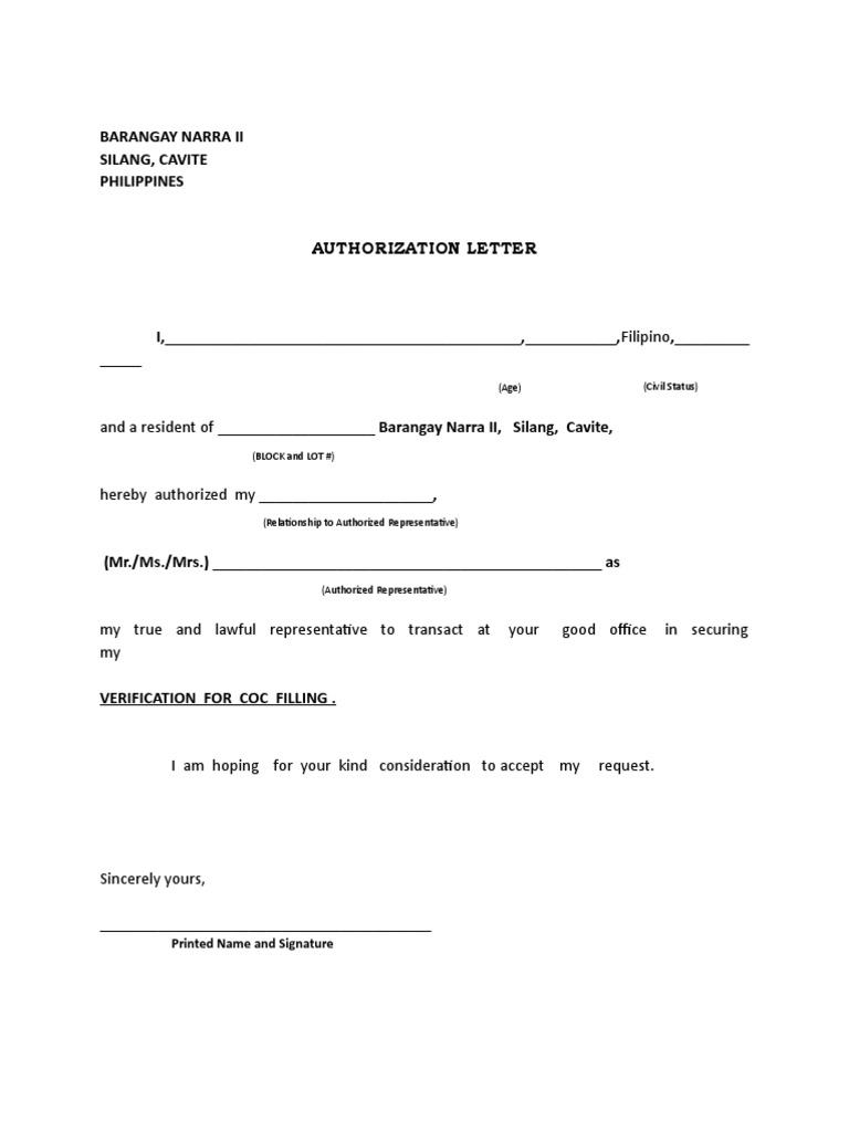 BARANGAY NARRA II Authorization Letter | PDF