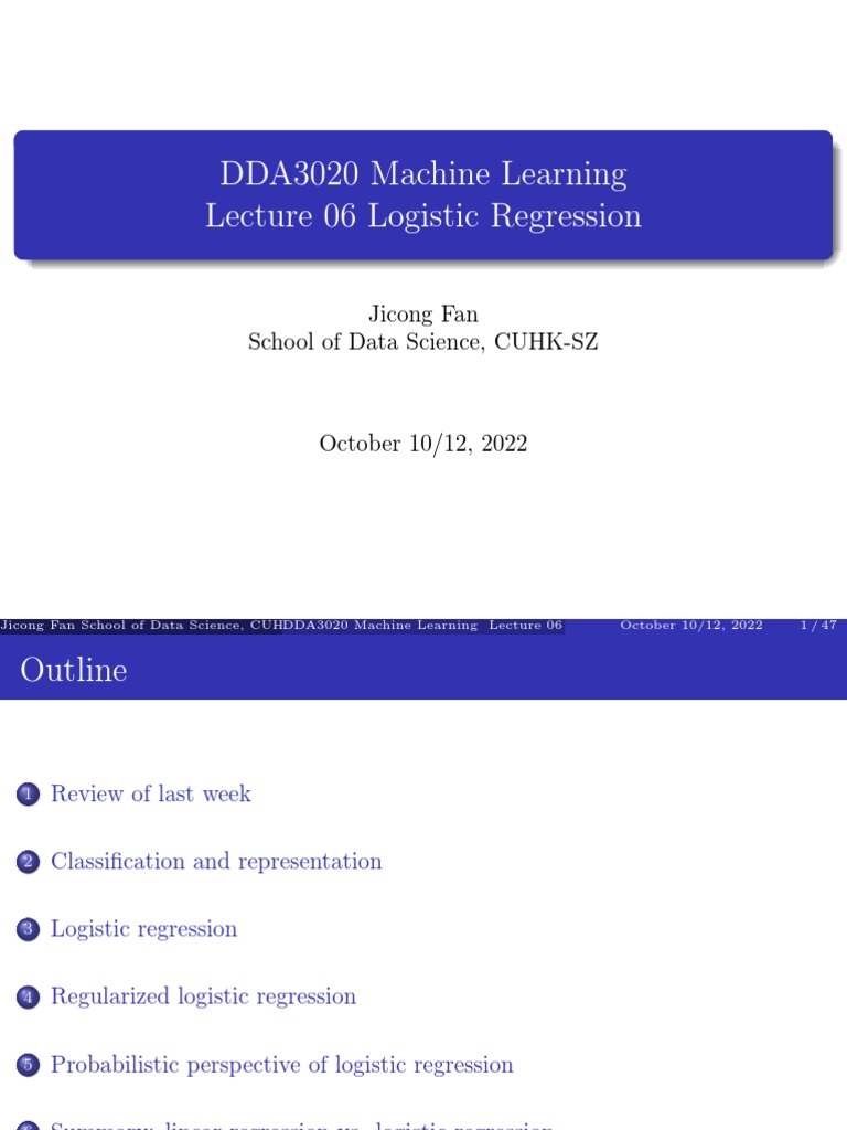 DDA3020 Lecture 06 Logistic Regression | PDF | Logistic Regression | Regression Analysis