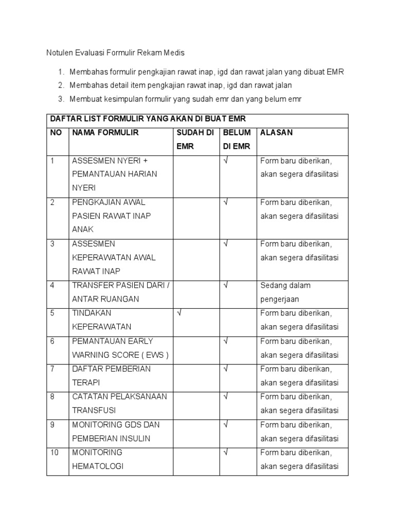 Notulen Evaluasi Formulir Rekam Medis 26 Juli 2023 | PDF Notulen Evaluasi Formulir Rekam Medis 26 Juli 2023 | PDF