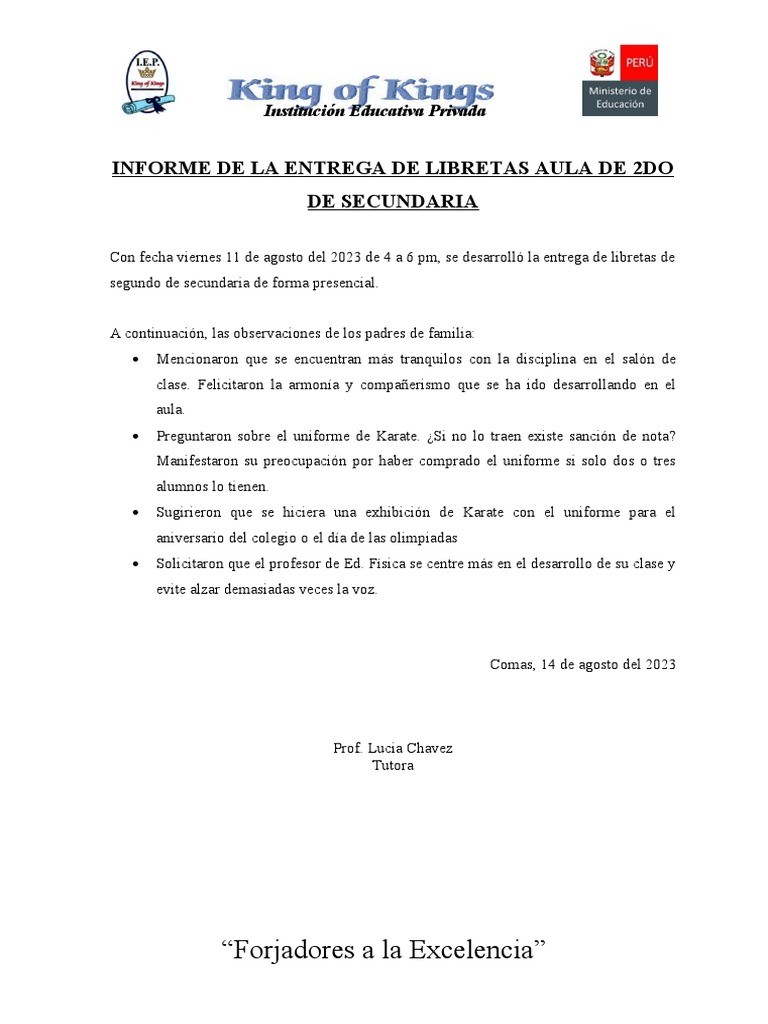INFORME - Entrega de Libretas 2do de Sec. | PDF