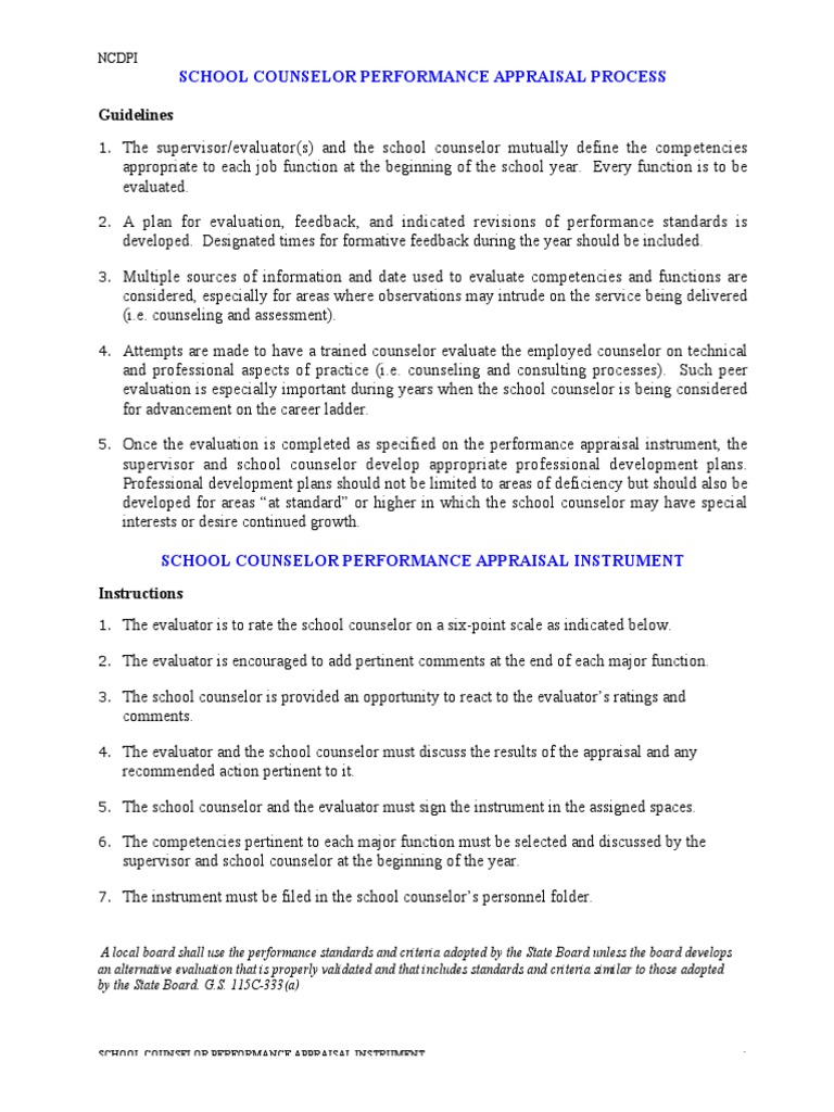 School Counselor Performance Appraisal Instrument | PDF