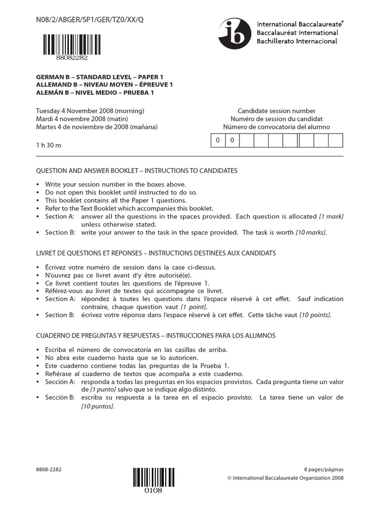 2008nov - QP - German B SL Paper 1 Question Booklet | PDF