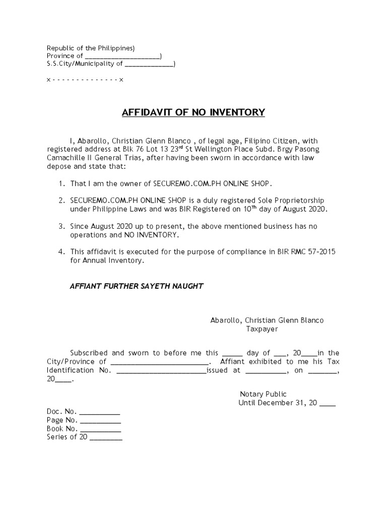 Affidavit of No Inventory for SECUREMO.COM.PH | PDF