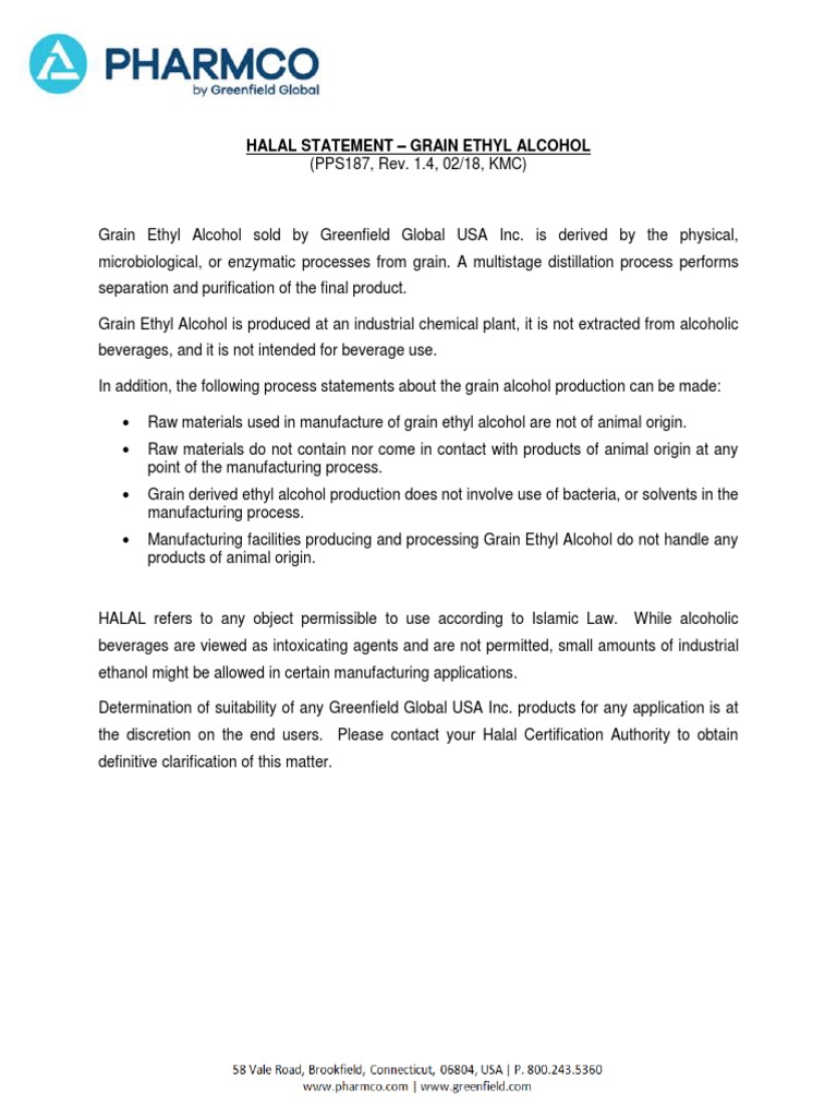 Halal Statement Grain Ethyl Alcohol | PDF