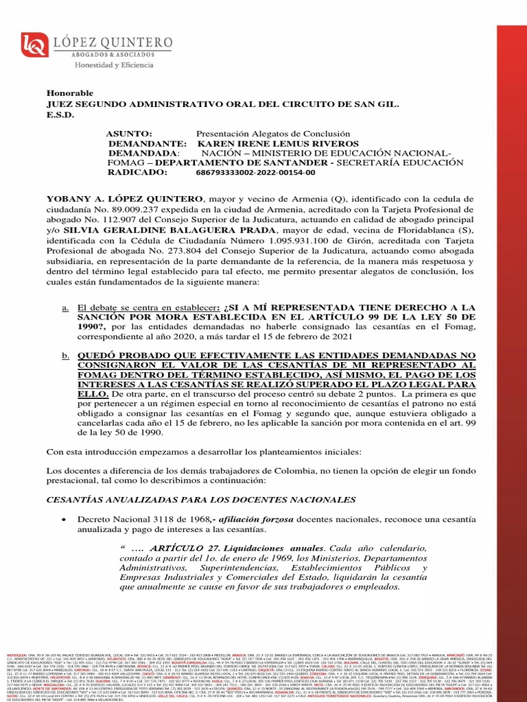 ALEGATOS DE CONCLUSION NYR KAREN IRENE LEMUS RIVEROS IND RAD 2022-00154 | PDF