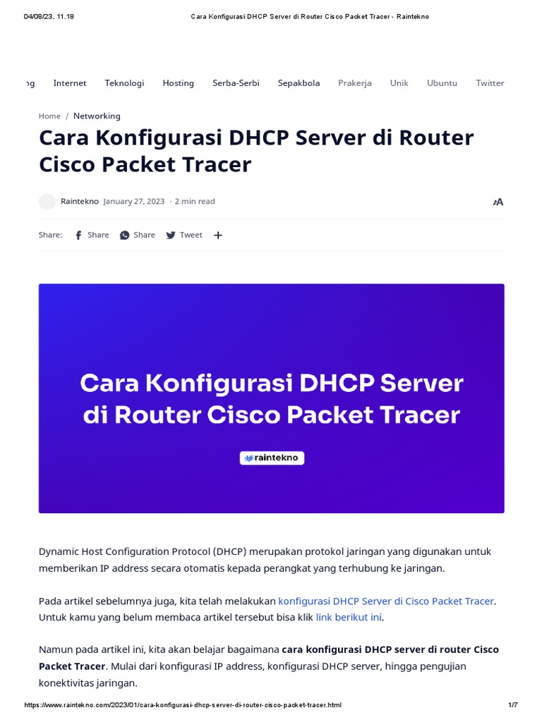 Cara Konfigurasi DHCP Server Di Router Cisco Packet Tracer - Raintekno | PDF