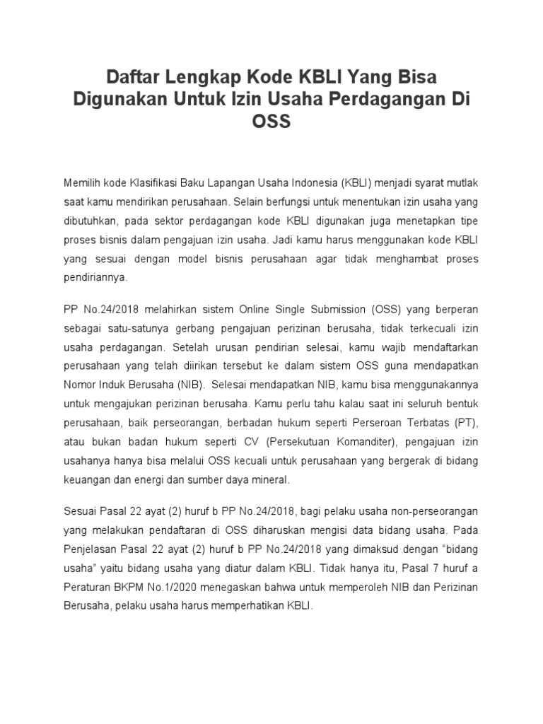 Daftar Lengkap Kode KBLI Yang Bisa Digunakan Untuk Izin Usaha ...