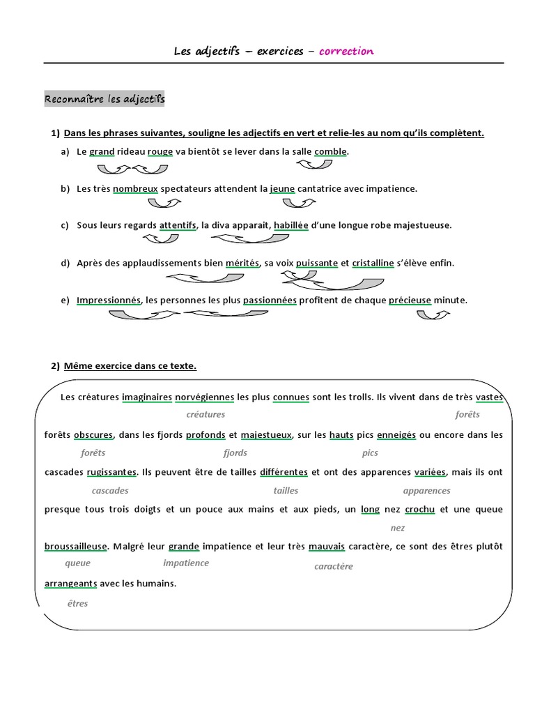 Exercices corrigés sur les adjectifs | PDF