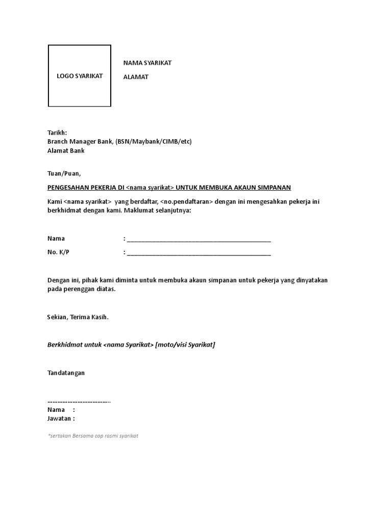 Surat Pengesahan Majikan Buka Akaun Simpanan | PDF
