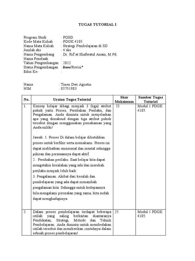 Sesi 3 Tugas Tutorial 1 Strategi Pembelajaran (Tineu) | PDF | Karier & Perkembangan ...