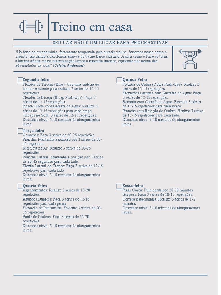 Treino em Casa: Rotina Semanal Completa | PDF