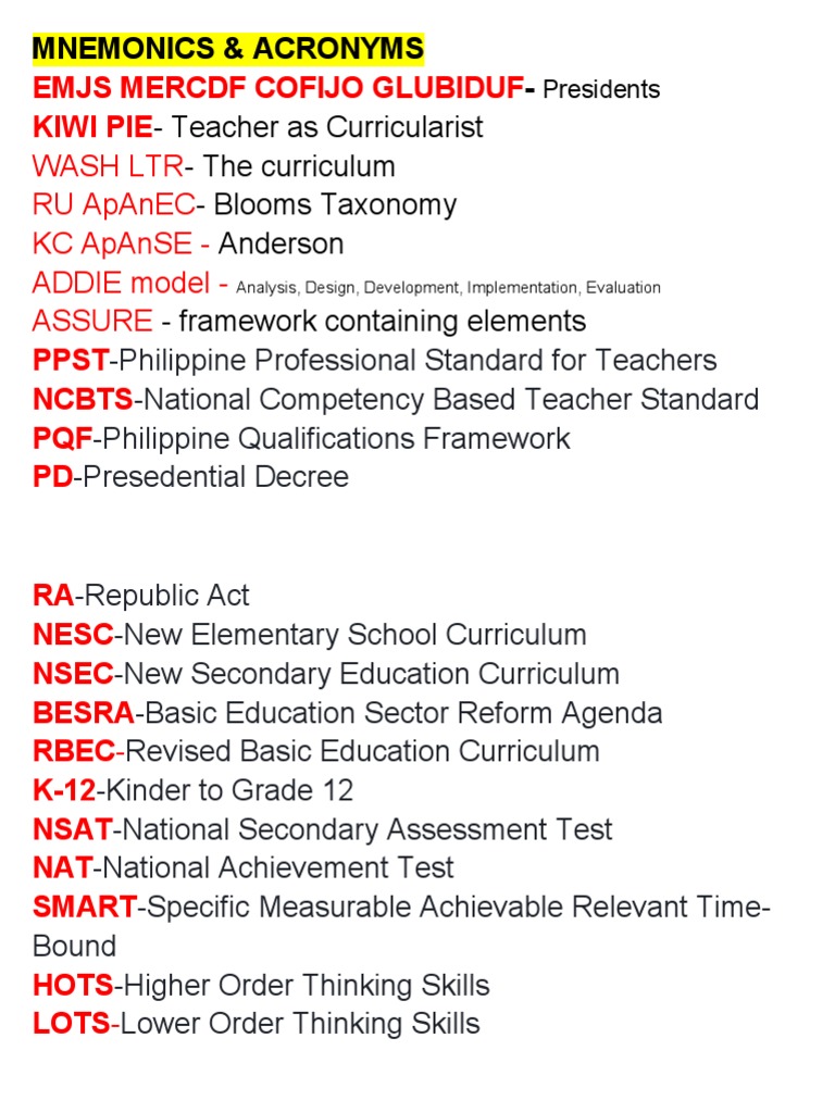 MNEMONICS Let | PDF | Curriculum | Teachers
