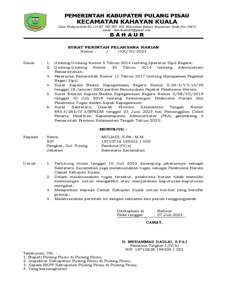 Surat Tugas Plh. Camat | PDF