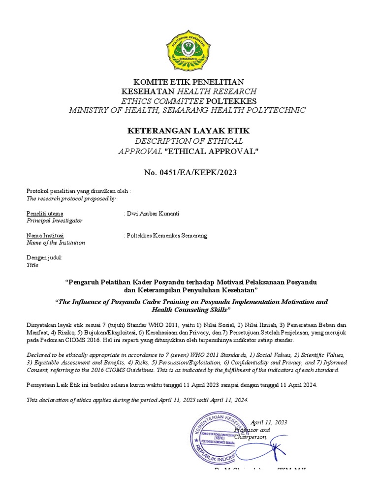 Ethics Committee Poltekkes Ministry of Health, Semarang Health ...
