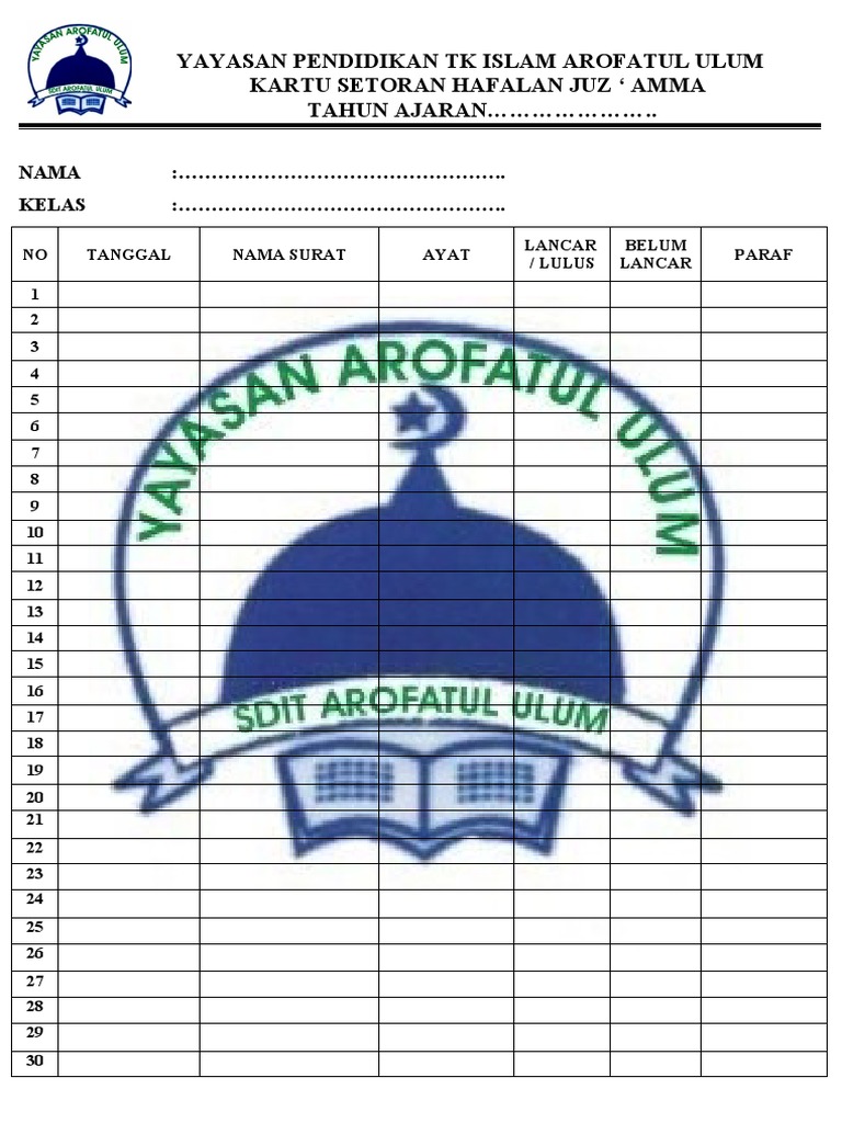 Kartu Setoran Hafalan Juz Amma | PDF