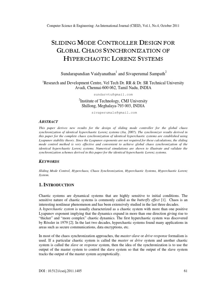 Sliding Mode Controller Design For Global Chaos Synchronization of Hyperchaotic Lorenz Systems ...