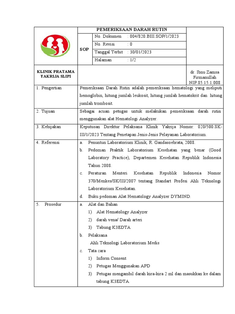 Sop Pemeriksaan Darah Rutin | PDF