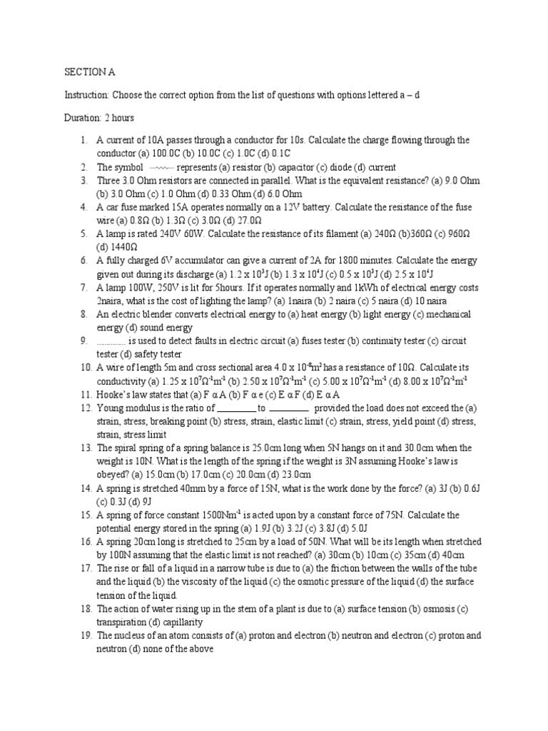 SS1 Physics Exam Questions & Answers | PDF