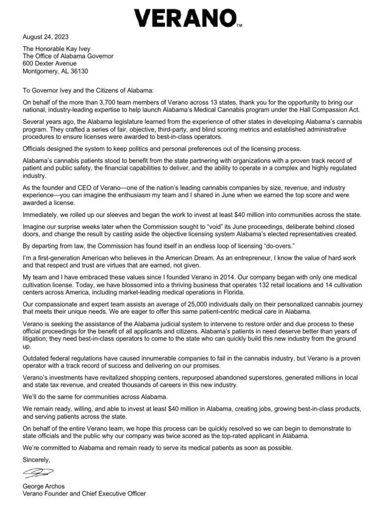 Verano Open Letter To Governor Ivey and Citizens of Alabama (8!24!2023 ...
