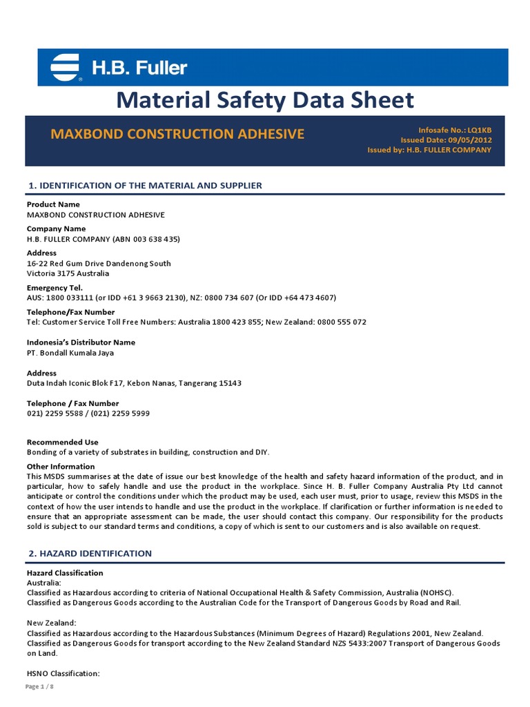 Maxbond Construction Adhesive MSDS | PDF | Science & Mathematics