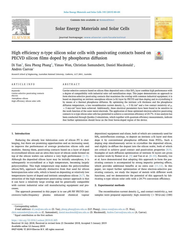 Yan Et Al., (2019) High-Efficiency-N-Type-Silicon-Solar-Cells-With ...