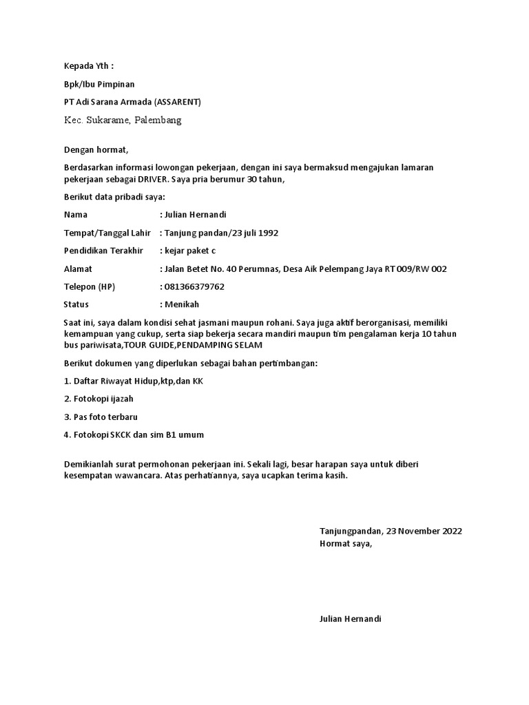 Lamaran Pekerjaan PT ASSARENT | PDF