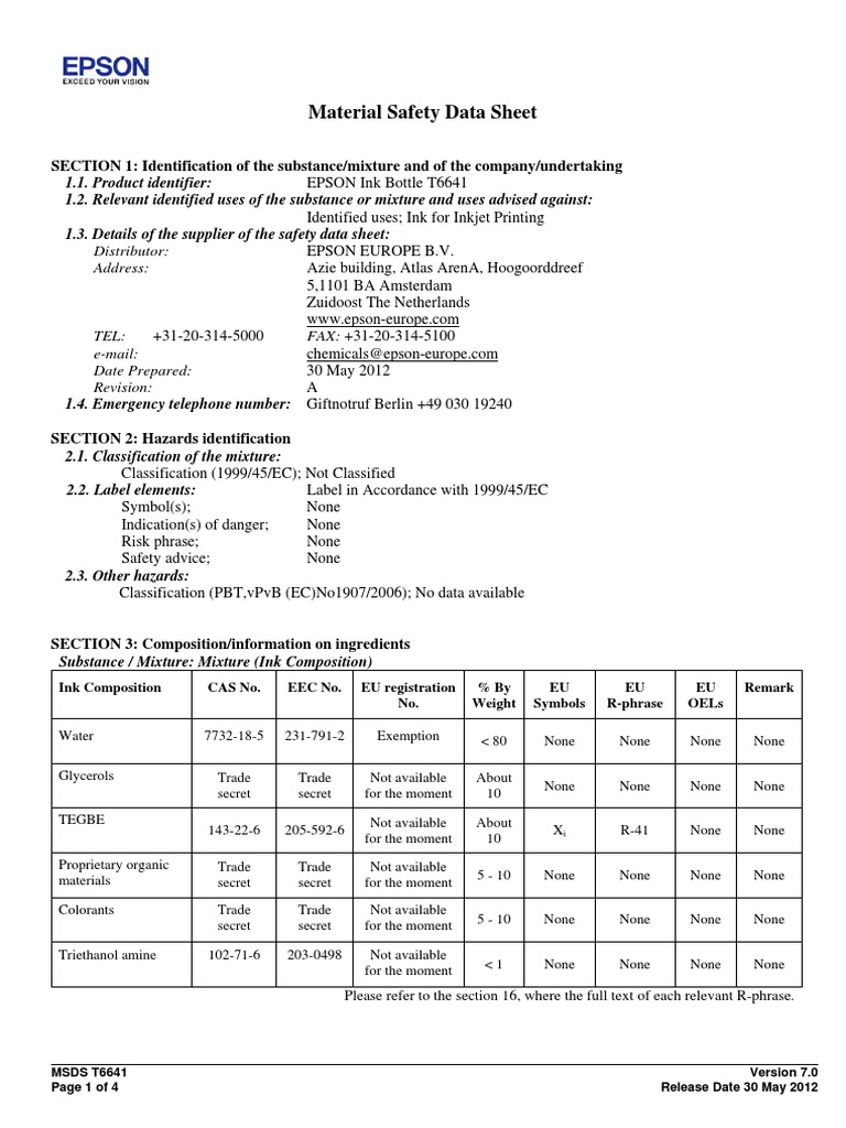 Msds Tinta Epson | PDF