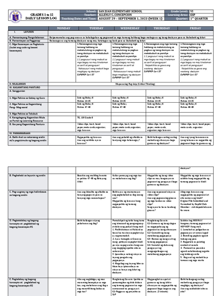 DLL - Esp 6 - Q1 - W1 | PDF