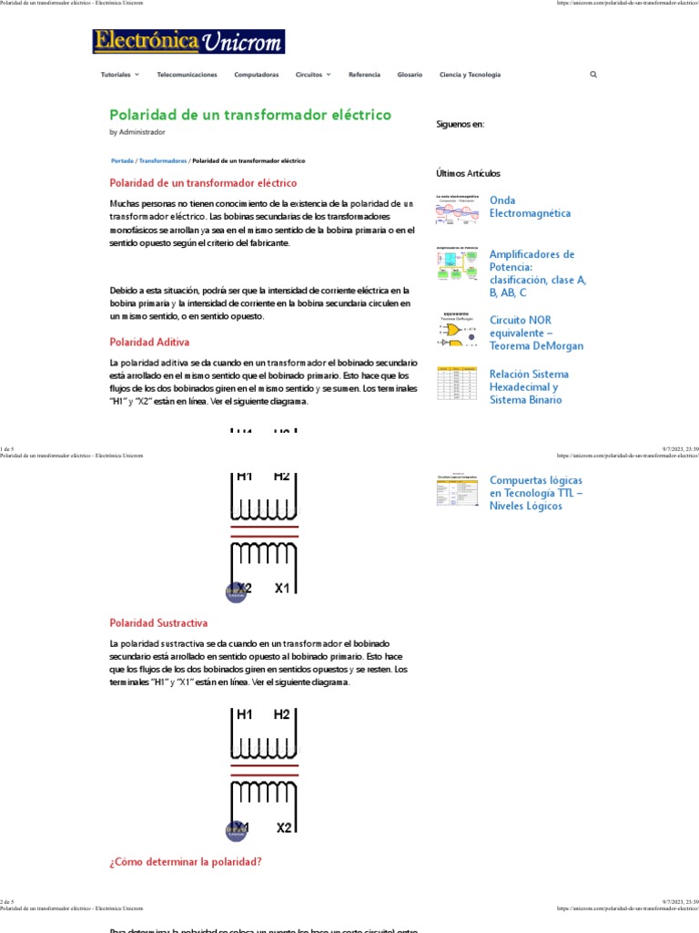 Polaridad de Un Transformador Eléctrico - Electrónica Unicrom | PDF