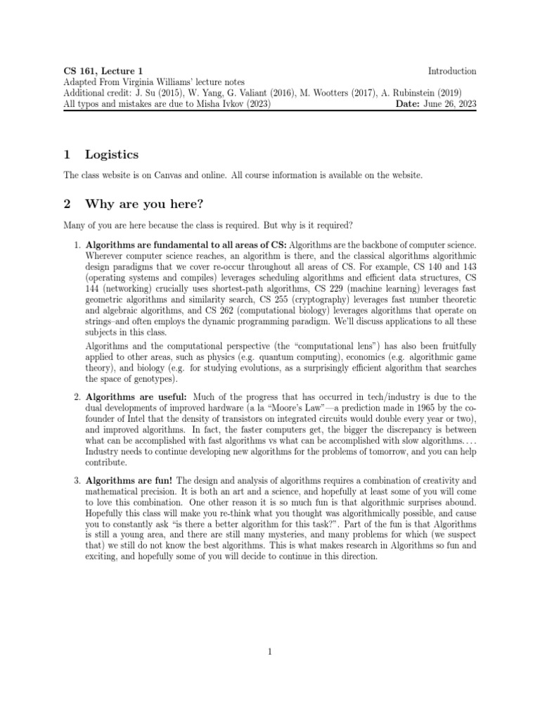 cs161 Lecture1notes Class | PDF | Algorithms | Multiplication