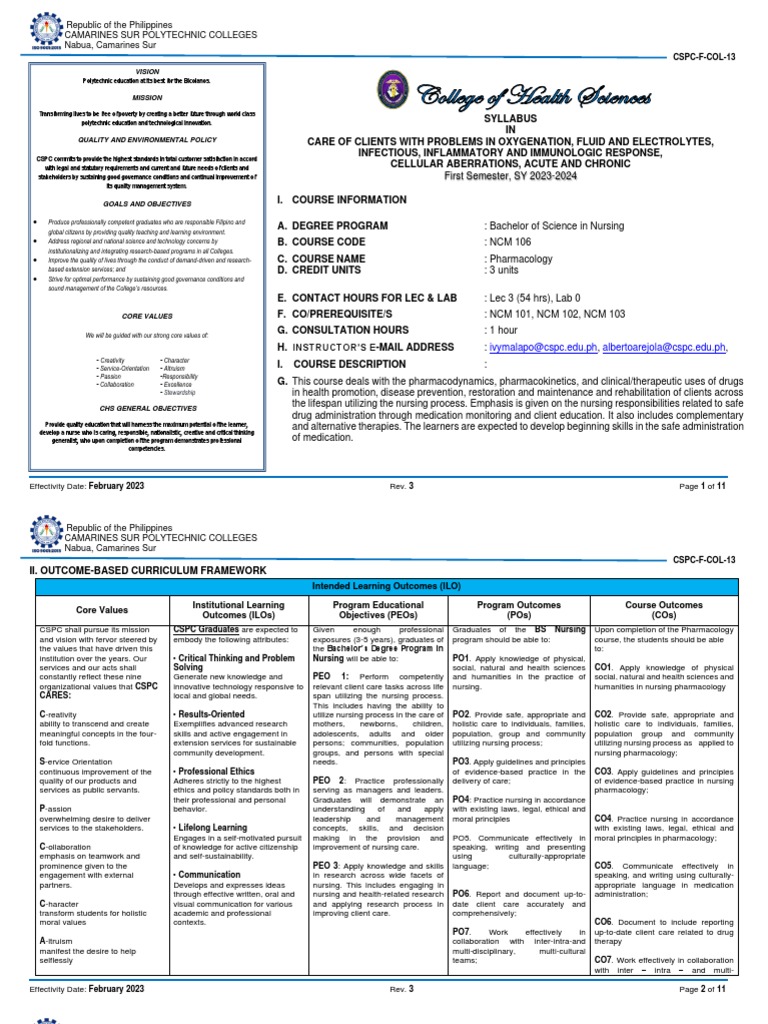 Syllabus Format Updated - NCM106 | PDF | Nursing | Pharmacology