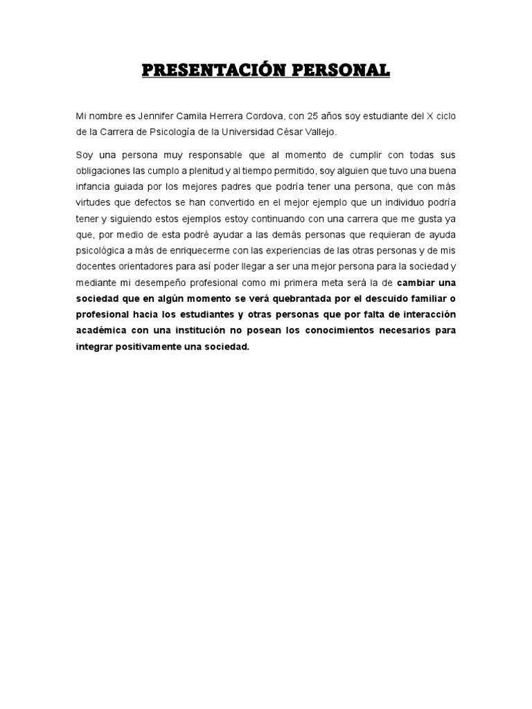 Presentación Personal - Jennifer Camila Herrera Cordova | PDF