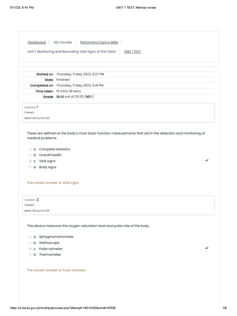 Vital Signs Measurement Quiz Results | PDF