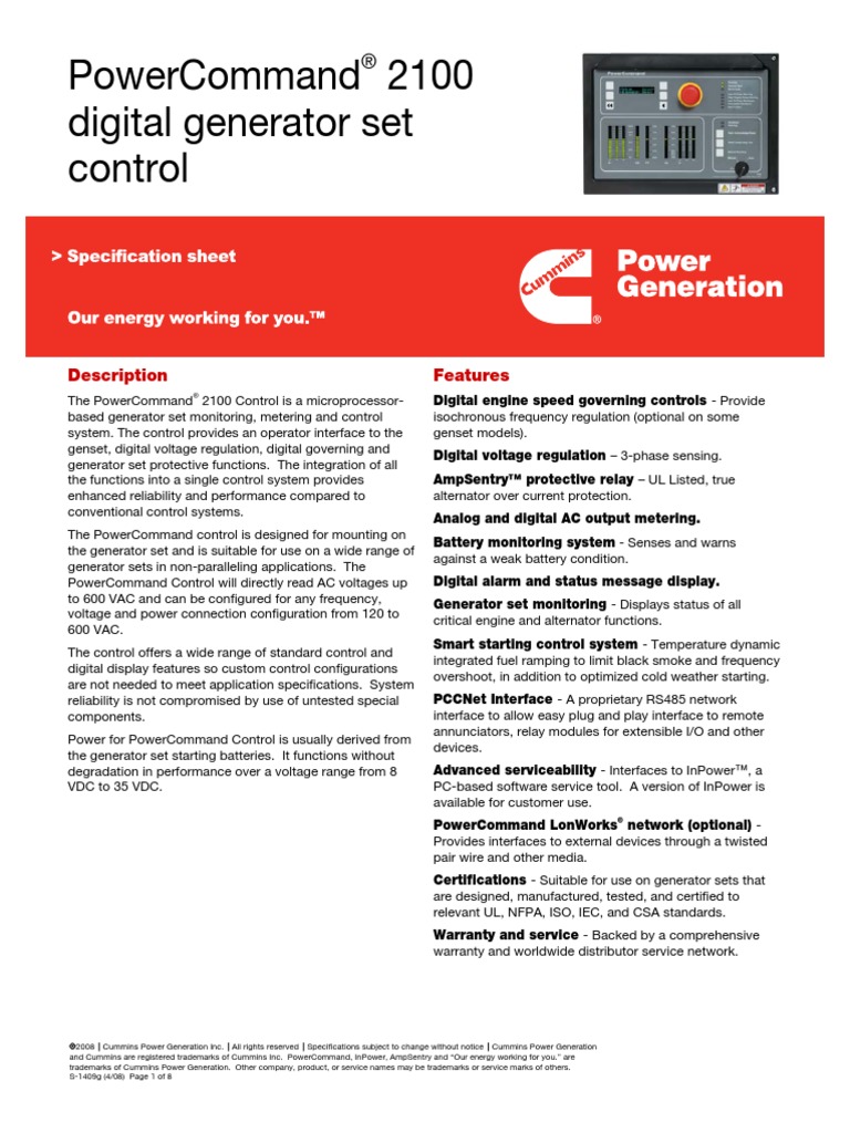 Powercommand 2100 Digital Generator Set Control: Description Features | PDF
