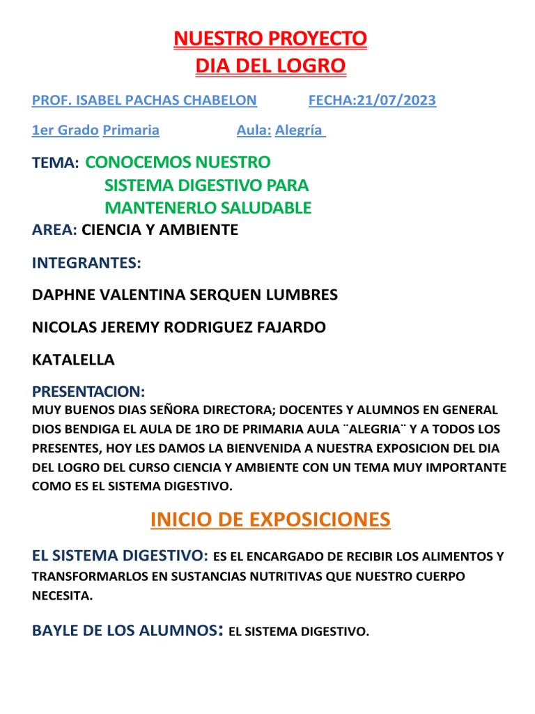 Proyecto Dia Del Logro | PDF | Sistema digestivo humano | Alimentos